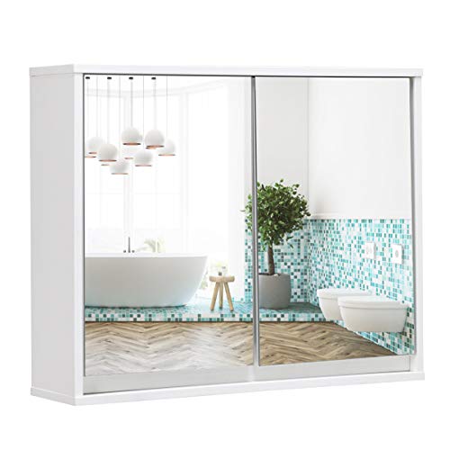 Tangkula Wide Medicine Organizer Bathroom Cabinet Double Mirror Door Wall Mount Storage Shelf White (22" Wood