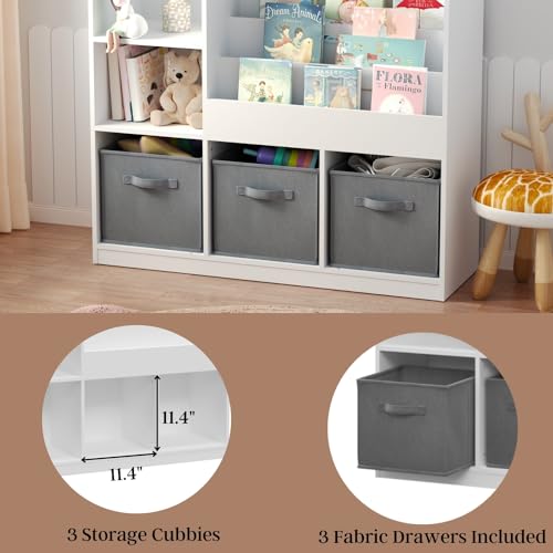 AOCOROE Kids Bookshelf, Wooden Bookcase, Toy Storage Cabinet Organizer with 4-Tires Bookshelf, Book Organizer with 3 Collapsible Fabric Drawers