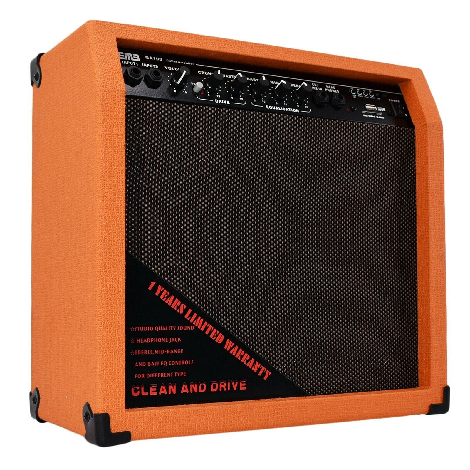 EMB GA100 500W 10" Electric Guitar Amplifier Speaker Portable Powerful Studio and Stage Cabinet PreAMP β with Built in Headphone Jack and 2 Inputs and SD USB AUX Bluetooth (Yellow)