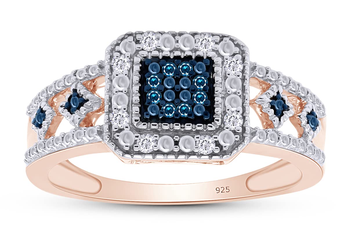 AFFY 1/10 Carat Round Cut Enhanced Blue And White Natural Diamond Square Frame Wedding Band In 14k Rose Gold Over 925 Sterling Silver (Clarity : I2-I3, Color : I-J, 0.10 Cttw) Size -4