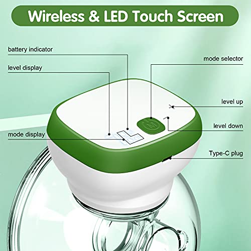 Breast Pump, Hands-Free Wearable Electric Breast Pump Portable Rechargeable LED Display Breastfeeding Breast Pump 3 Modes with 28mm 24mm 21mm Flanges (Green)