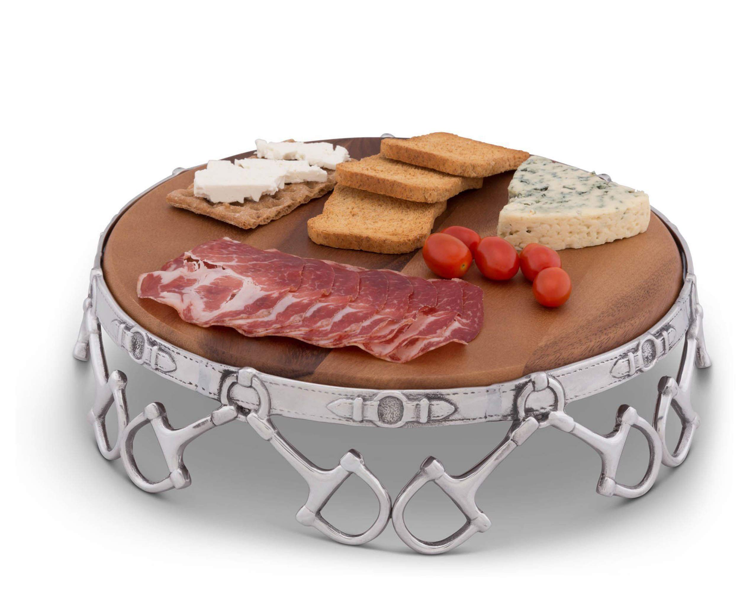 Arthur Court Aluminum Alloy Equestrian D-Ring Pattern Pedestal Cheese/Cake Stand with Removable Acacia Board 13 Inch Diameter