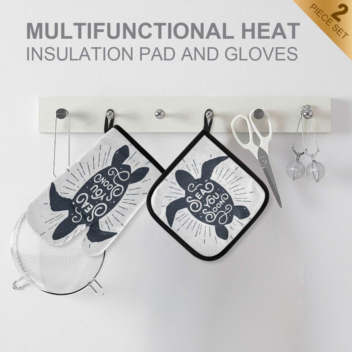 ALAZA Vintage Nautical Sea Turtle Oven Mitts and Pot Holders Sets Heat Resistant Kitchen Oven Gloves Potholder for Cooking Baking Grill