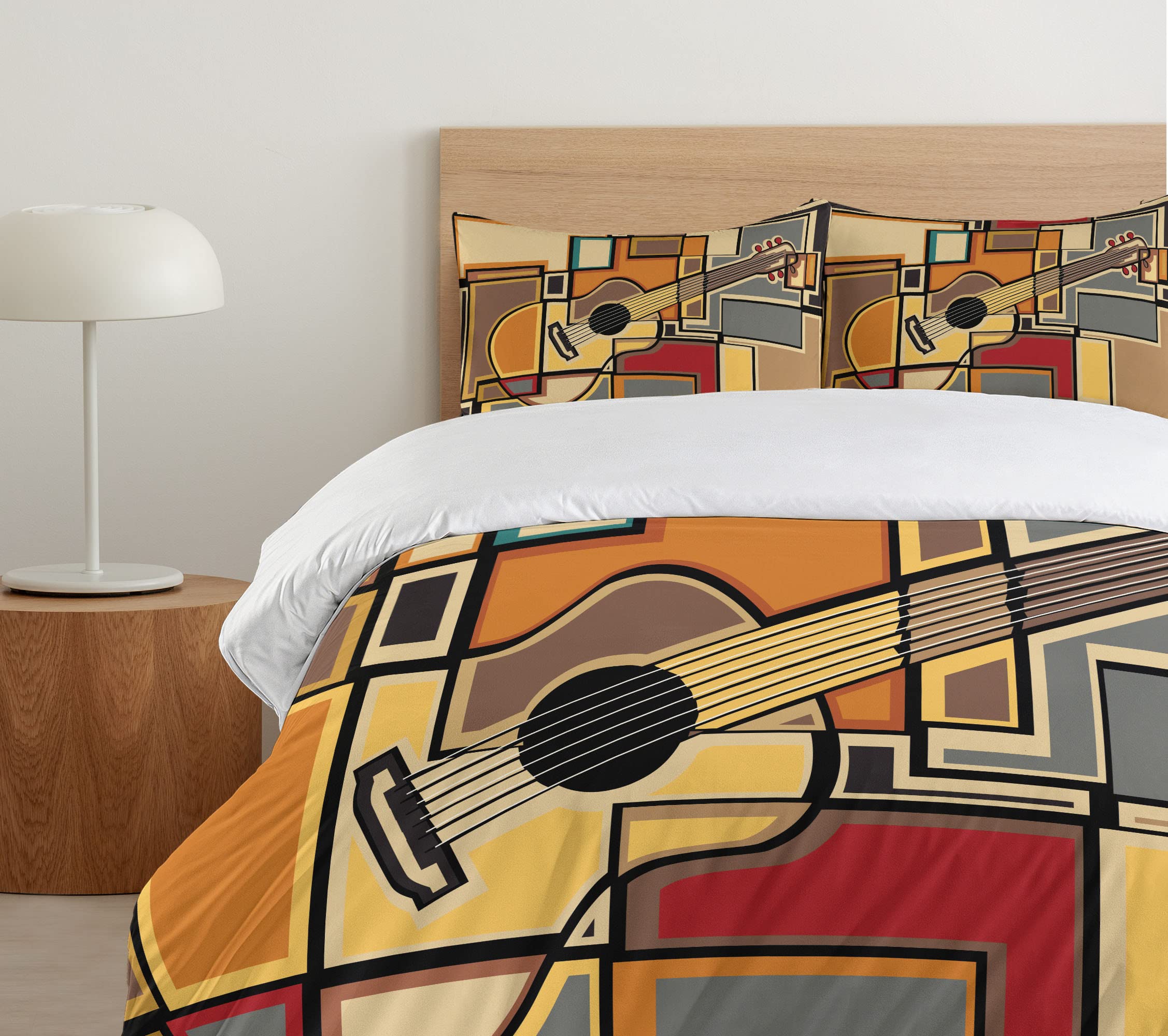 Ambesonne Music Duvet Cover Set, Funky Fractal Geometric Square Shaped Background Acoustic Guitar Art, Decorative 3 Piece Bedding Set with 2 Pillow Shams, King Size, Pale Yellow