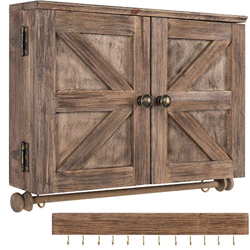 Rustic Wall Mounted Jewelry Organizer with Wooden Barndoor Decor. Jewelry holder for Necklaces, Earings, Bracelets, Ring Holder, and Accessories. Includes hook organizer for hanging jewelry (Brown)