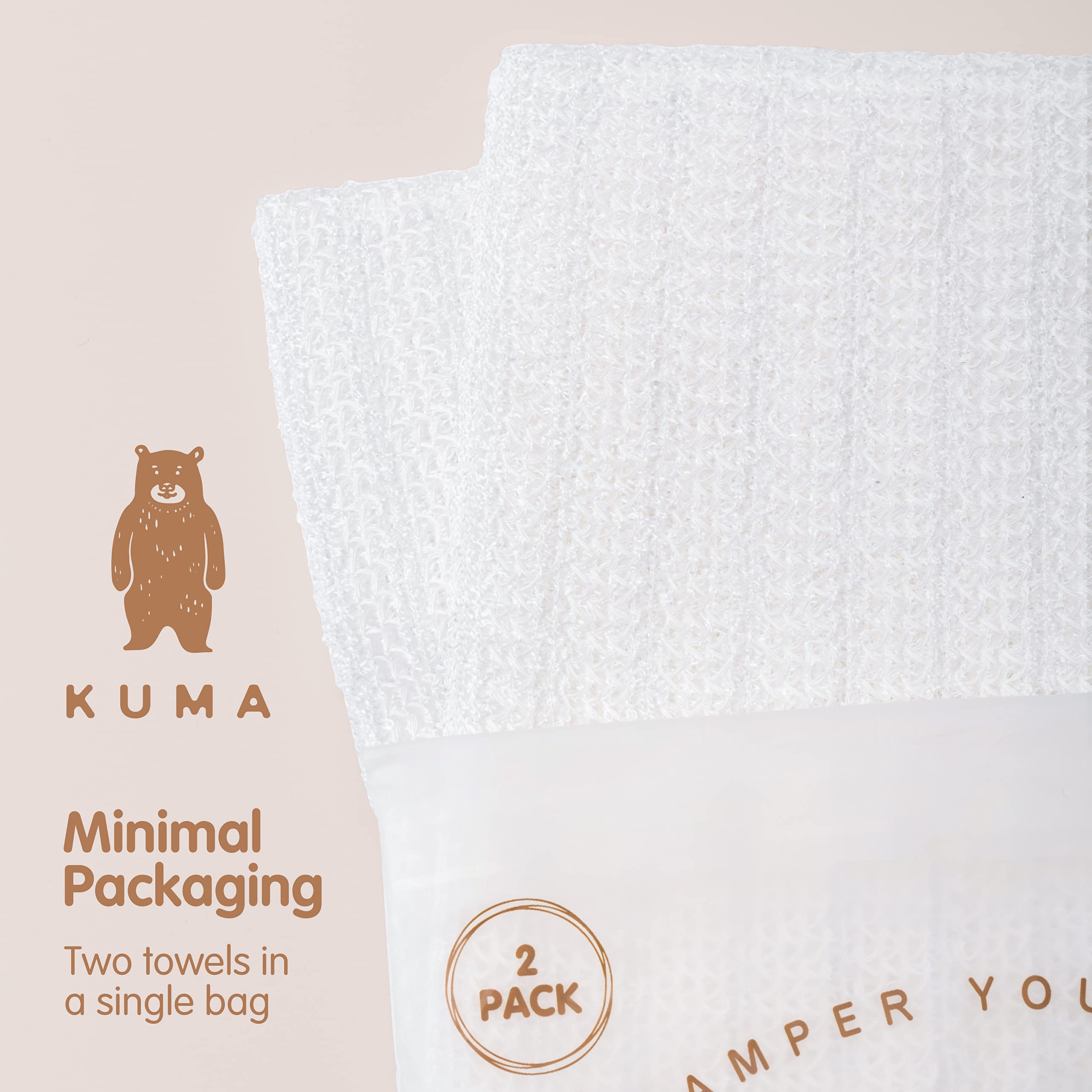 KUMA Soft Exfoliating Washcloth & Towel: Wash & Scrub Your Body - Cloth for Bath & Shower - Japanese Design & Made - Organic & Sustainable [Double Pack: Natural White]