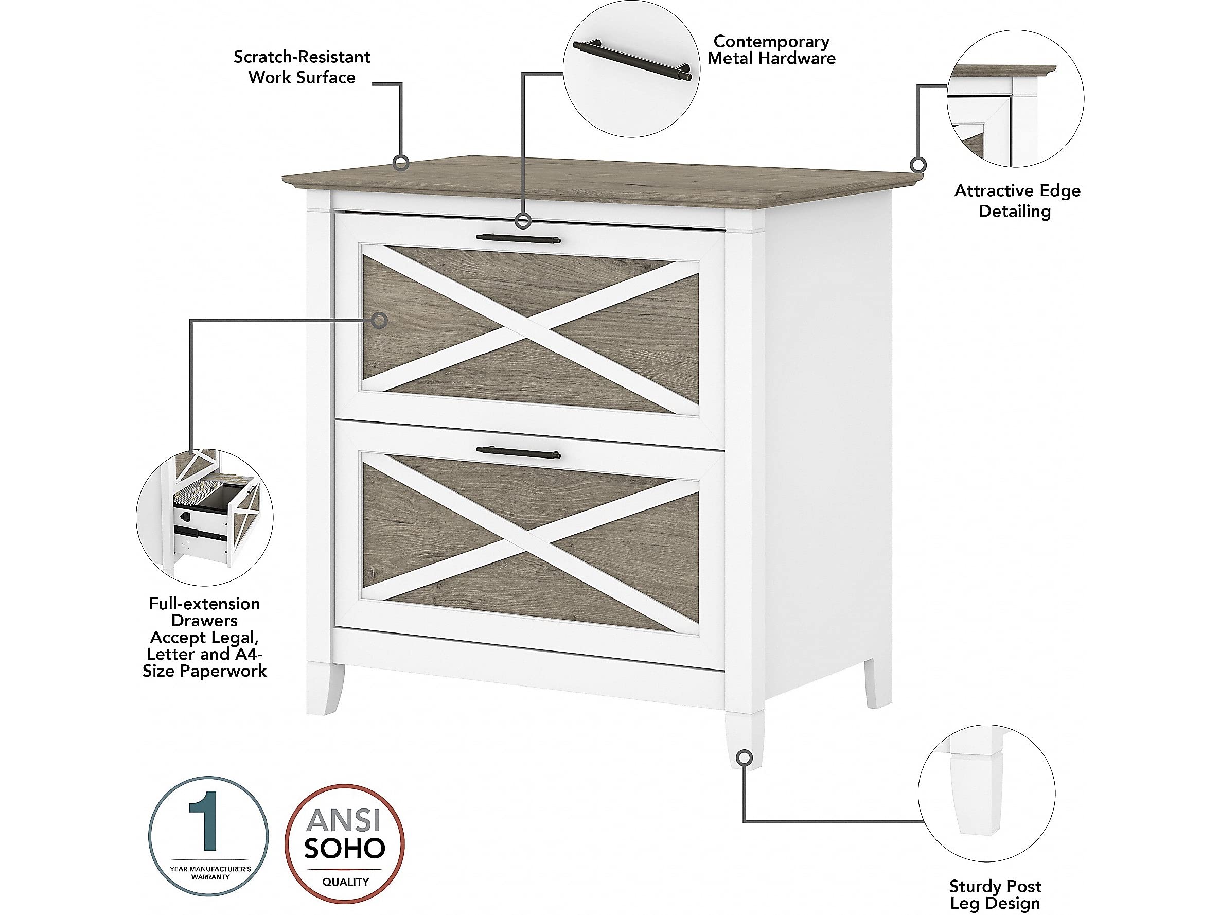 Bush Furniture Key West 2 Person Desk Set with Lateral File Cabinet in Pure White and Shiplap Gray