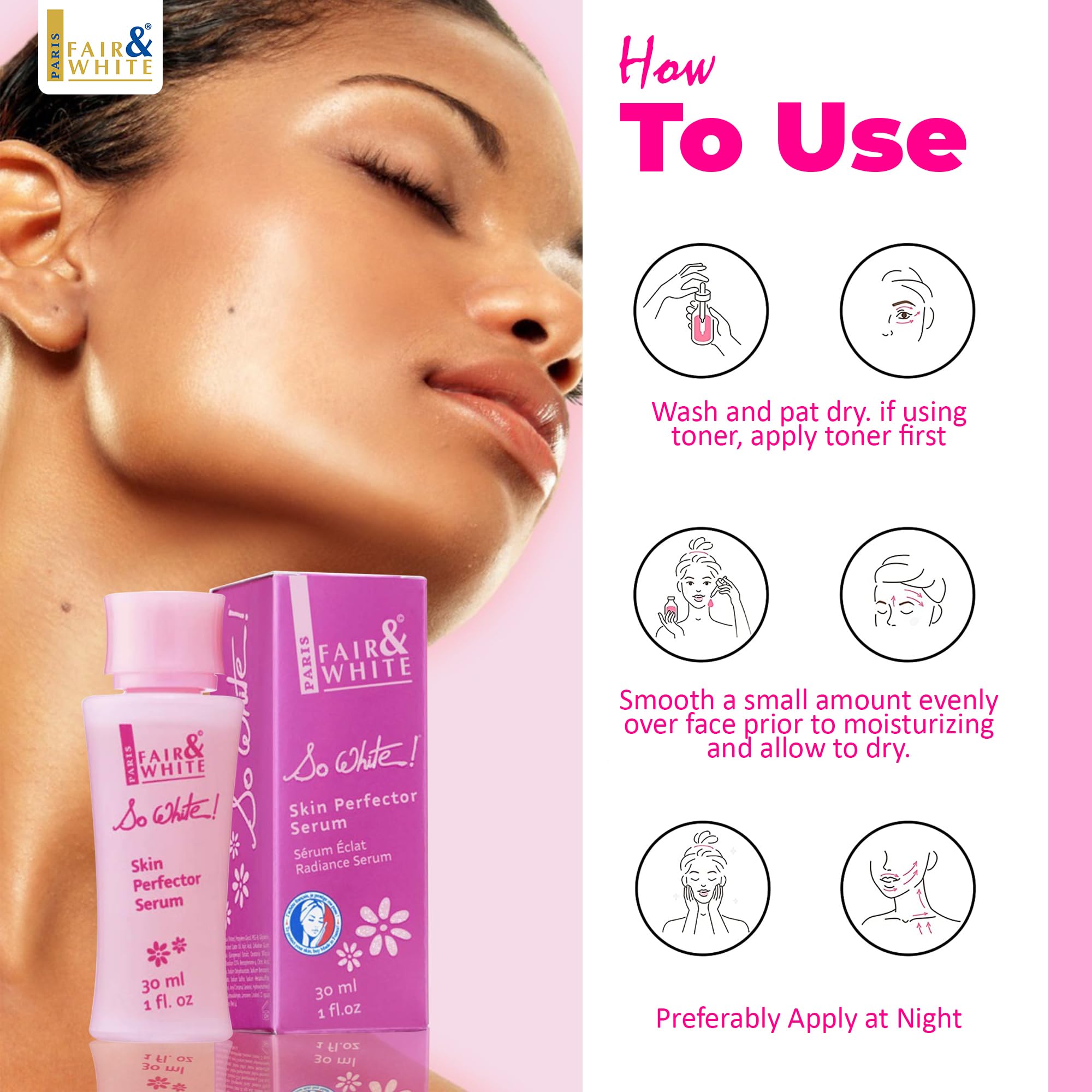 Fair and White So White Skin Brightening Serum 30ml - For Face, Elbows Knees, Feet - with Kojic Acid and Castor Oil
