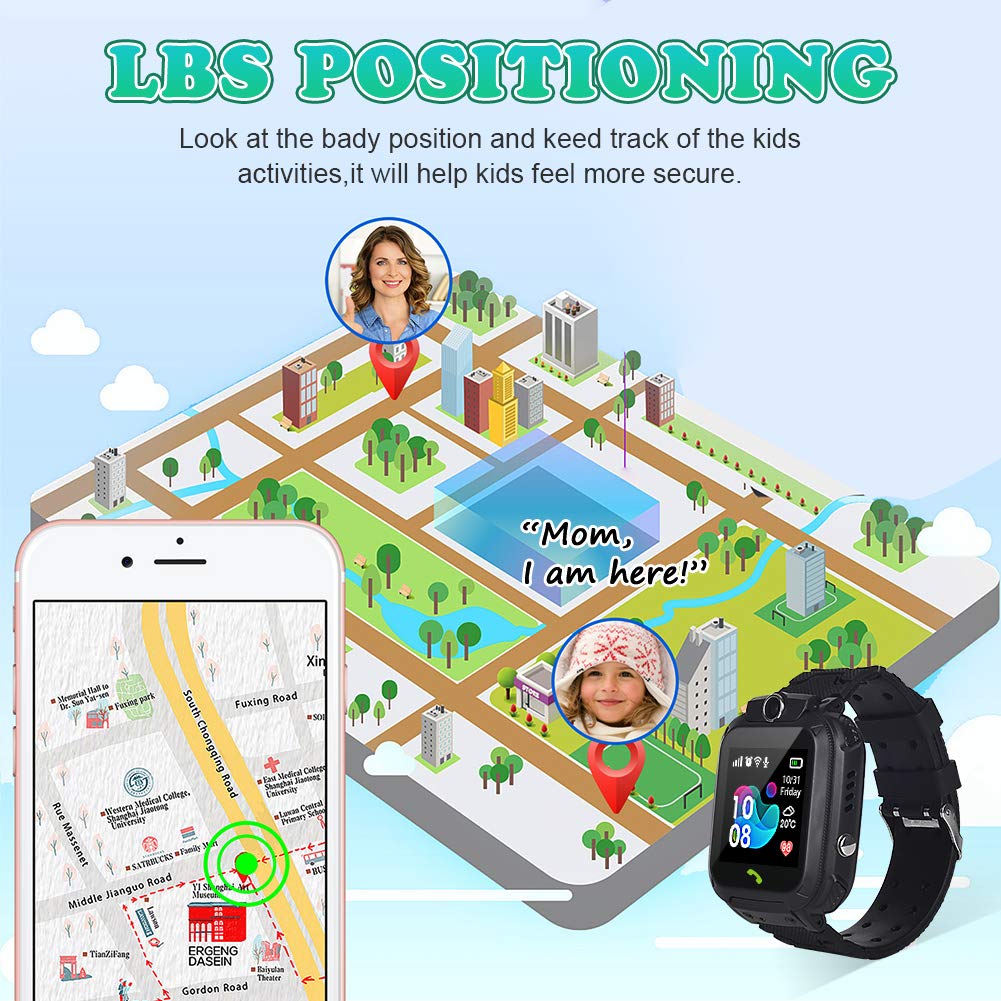 Kids Smart Watch, IP67 Waterproof LBS Positioning Watch HD Touch Screen, with SOS Two-Way Call Clock Camera SIM Card Slot Compatible with iOS and Android(Black)