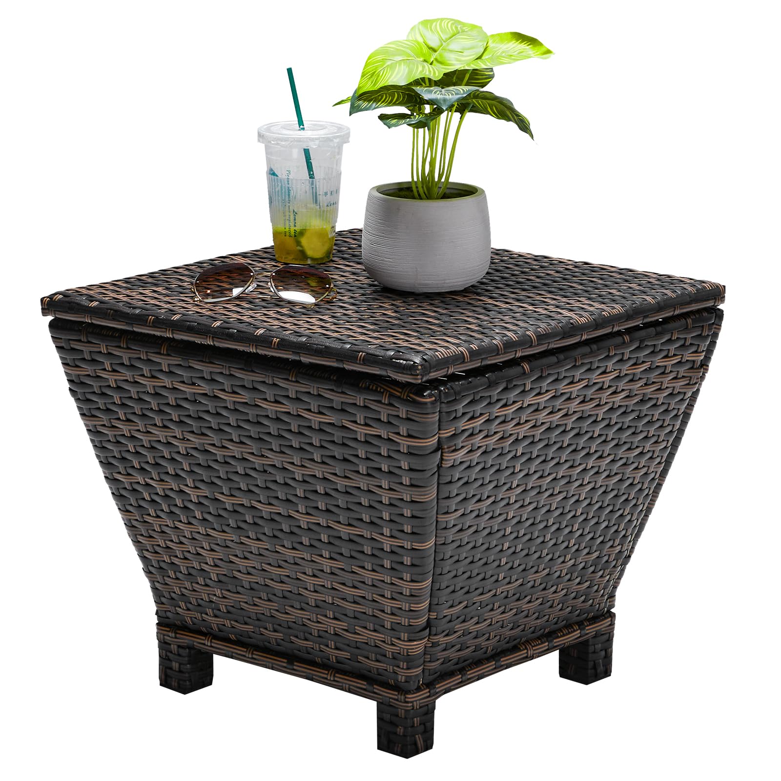 Small Deck Storage Box Outdoor with Lid, 13 Gallon Small Outdoor Bin Storage Container for Hose Cushion Towel, Patio Brown Side Wicker Table with Storage-Steel, Rattan, Square