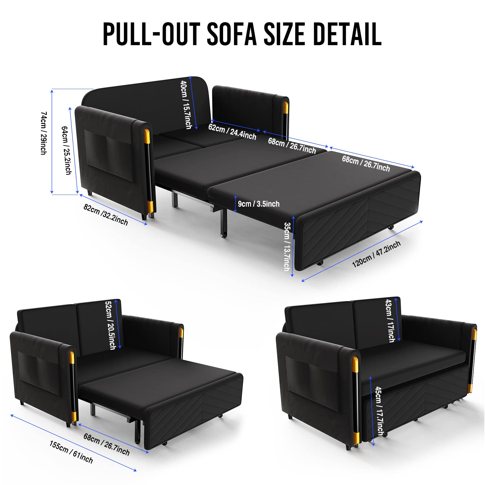 54" Pull-out Sofa Bed, 3 in 1 Linen Fabric Modern Convertible Sleeper Sofa 2-Seater Loveseats with Two Pillows and Arm Pockets for Living Room, Home, Office, Bedroom - Black