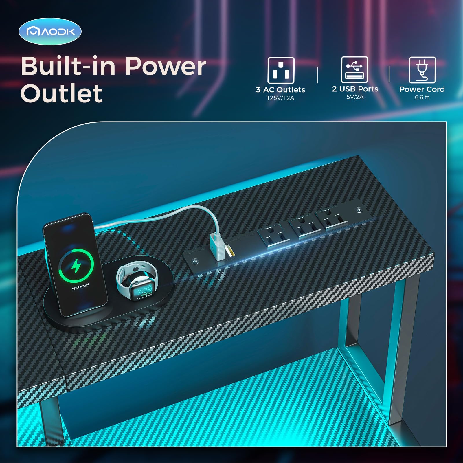 AODK Computer Desk, 48 Inch Gaming Desk with Led Lights & Power Outlet, Office Desk with Printer Storage Shelves, Reversible Desk with Monitor Shelf & Headphone Hook, Carbon Fiber Black