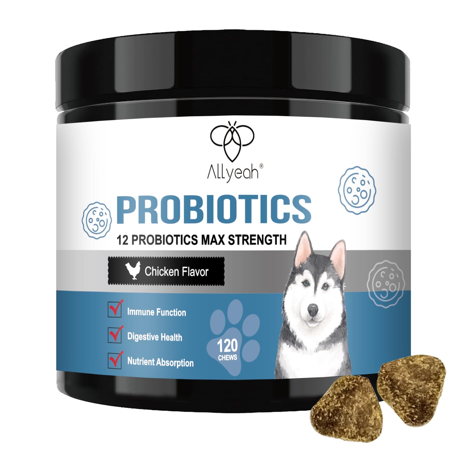 Allyeah Probiotics for Dogs, Dog Probiotics for Yeast Infection, Itchy Skin and Itchy Ears, Gut Health for Dogs Pet Probiotics Chews Diarrhea Treatment Enzymes Treats Digestive Health Stomach Relief