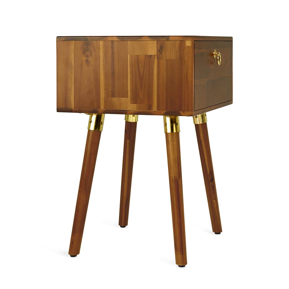 Bme Alden Solid Wood Nightstand/Side Table/End Table, Fully Assembled, with 1-Drawer for Mid Century Bedroom and Living Room, (12mm), Caramel
