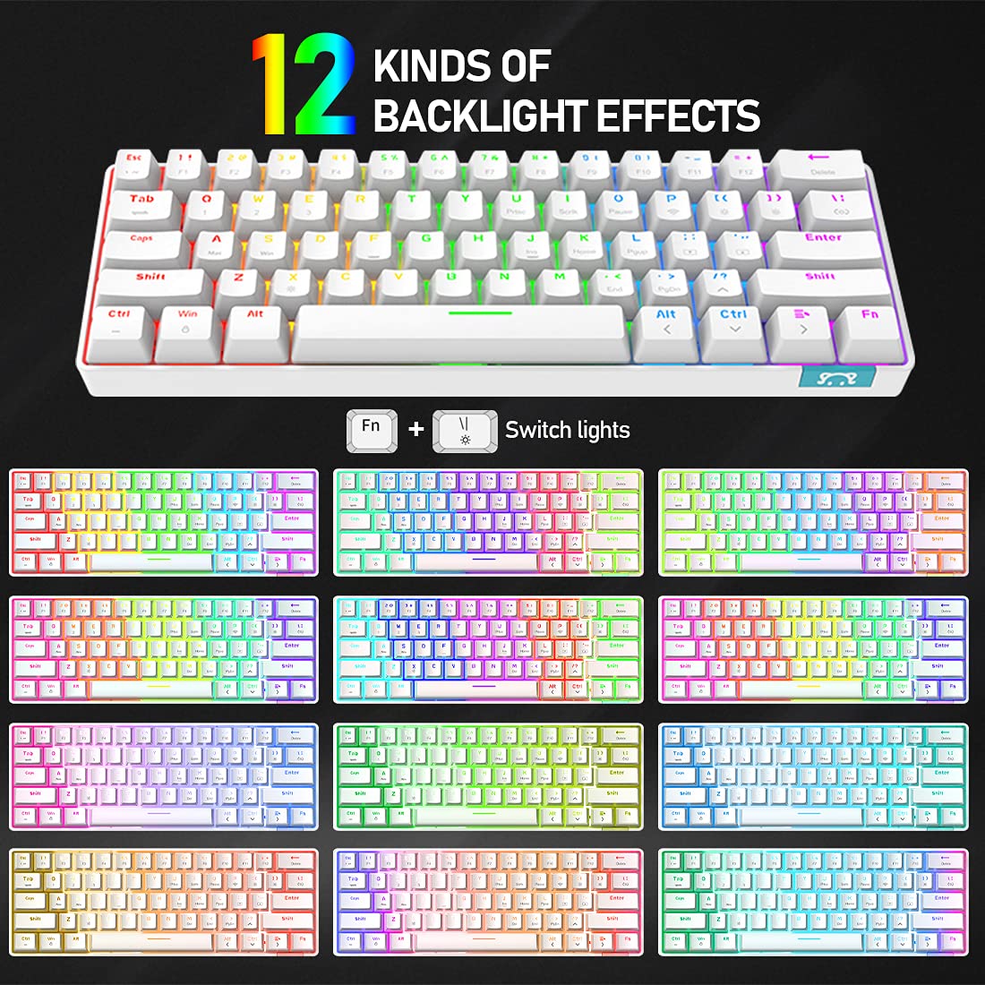 60% Wireless Mechanical Keyboard and Wired Mouse,Chroma RGB 12 LED Backlit Type C Wired 61 Keys Compact Gaming Keyboard Bluetooth 5.0 Blue Switch,RGB Gaming Mouse 6400DPI for PC Laptop Gamer (Blue)