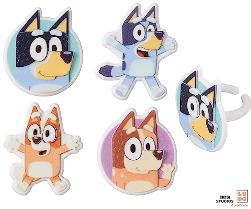 DecoPac Bluey So Much Fun Rings, Cupcake Decorations Featuring Bluey, Bingo, Bandit, and Chilli, 3D Food Safe Cake Toppers – 24 Pack
