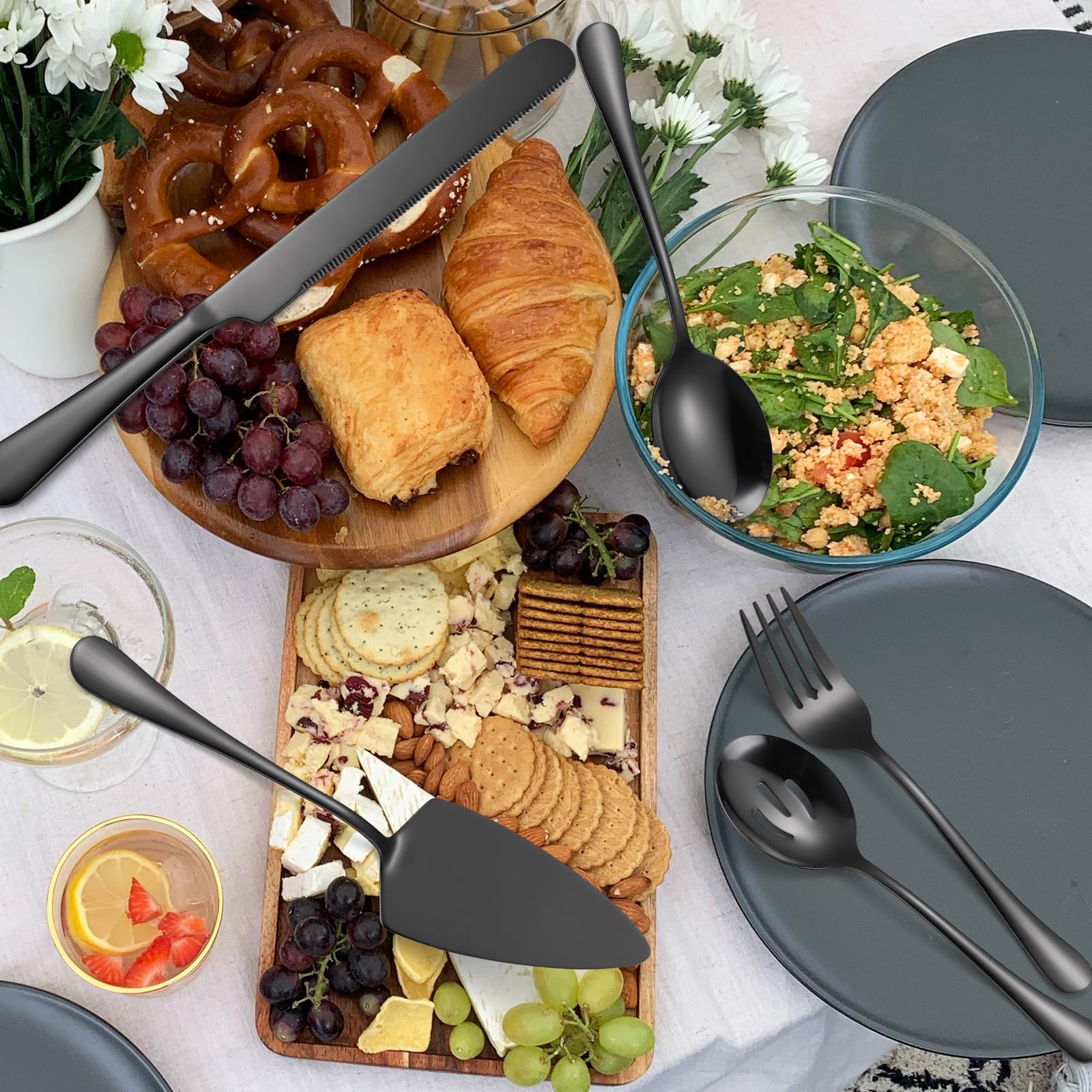 Black Fine Serving Utensils OIULO Large Serving Spoons Slotted Serving Spoons Serving Forks Serving Tongs Soup Ladle Wedding Cake Knife & Cake Server Large Lasagna Server Buffet Catering (9 Pieces)