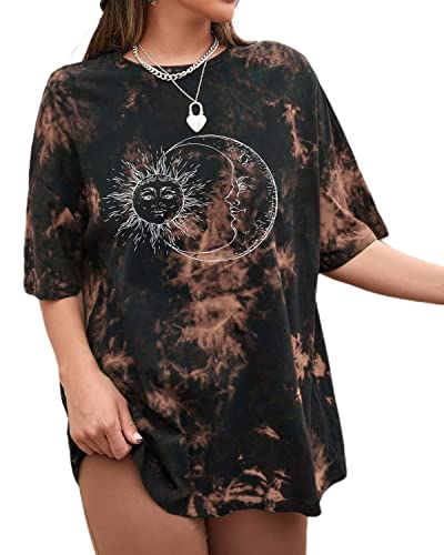 CSDAJIO Women Sun and Moon Print Tie Dye Oversized T Shirt Graphic Tees Vintage Summer Short Sleeve Crewneck Casual Tops Brown M Tie-Dye Brown-Sun and Moon Medium