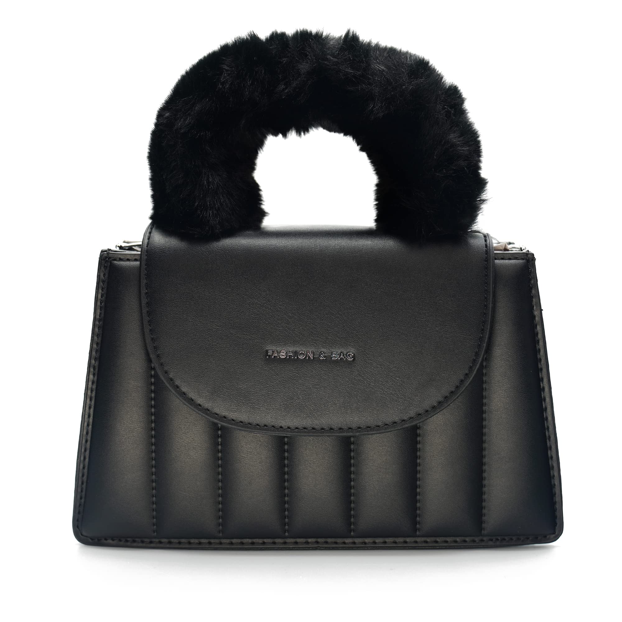 FALL SUMMER SOLID COLOR VEGAN PU LEATHER CROSSBODY/TOP HANDLE FUR BAG (BLACK)