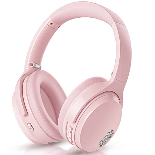 HROEENOI Active Noise Cancelling Wireless Bluetooth Over-Ear Headphones, Memory Foam Ear Cups, Quick Charge for 40H Playtime, Ideal for Travel, Home Office, Gym Workouts -Pink