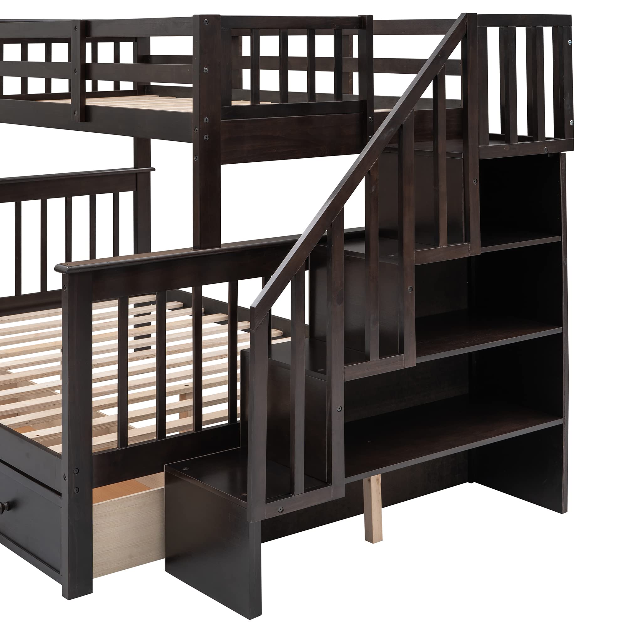 BIADNBZ Full Over Full Bunk Bed with Stairs Storage and Drawers, Solid Wood Bunkbed with Staircase for Kids Teens Adults, can be Separated into 2 Platform Bedframe, Gray