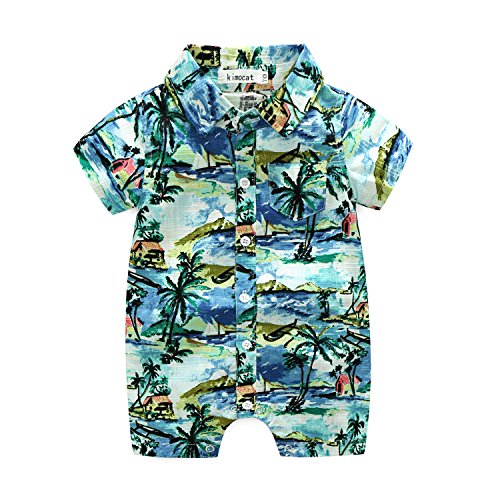 MHSH Baby Boys Hawaiian Shirts Romper Toddlers Button Down Short Sleeve Outfits Infant Kid Onesie Summer Beach Clothes(3-6M, blue)