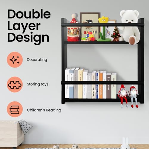 YLYHSST Nursery Floating Shelves 24 Inch Solid Wood Bookshelf, Suitable for Kids Room, Nursery. Double Decker Toys Storage, Kitchen Spice Rack, Black