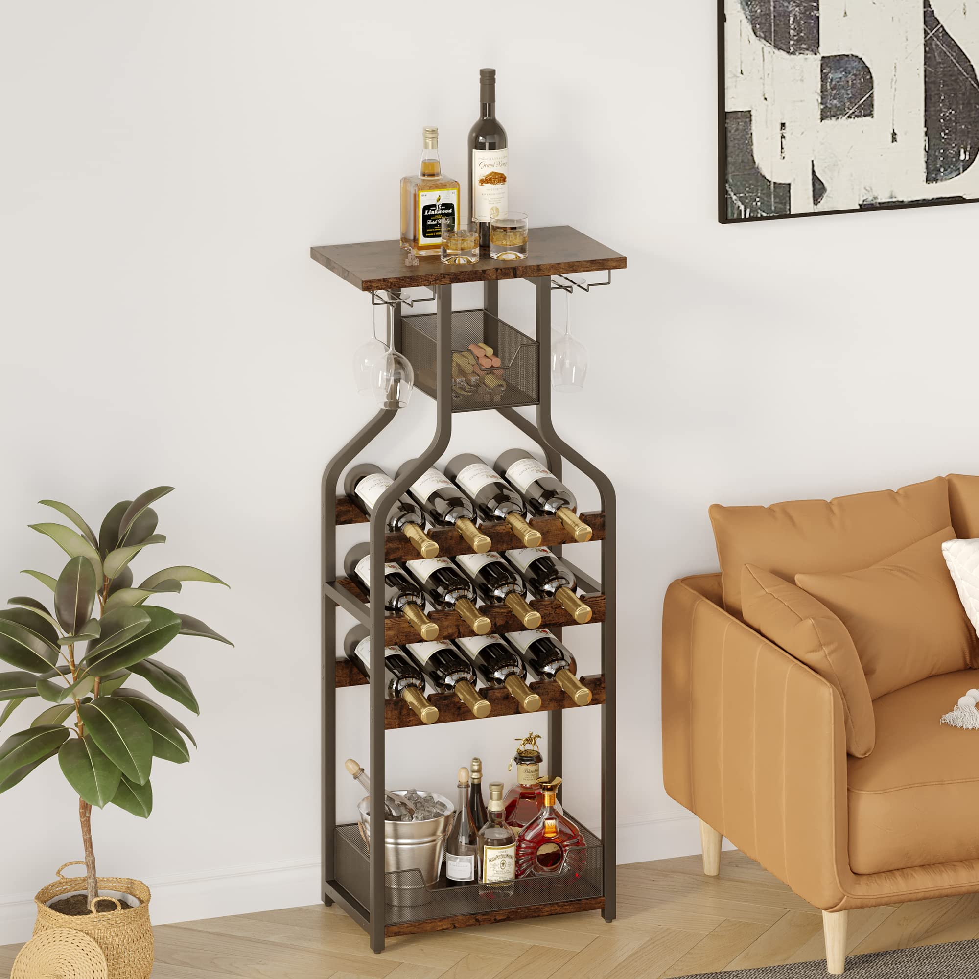 Amyove Metal Wine Rack Wine Bottle Holders Stands Freestanding Floor,Wine Storage Organizer Display Rack Table Wine Glass Rack for Bar Kitchen Dining Living Room, Small Spaces,Rustic Brown