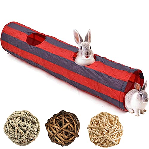 Tfwadmx Bunny Tunnel, Rabbit Tunnels and Tubes, Collapsible Hideaway Small Animal Activity Toys with 3 Grass Ball for Chinchillas Ferrets Guinea Pigs Gerbils Hamsters Rats, Size - 51 x 10 in