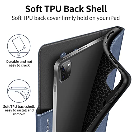 BuKoor iPad Pro 12.9 inch 2022/2021/2020/2018 Case Generation with Apple Pencil Holder PU Leather Folio Smart Stand Magnetic Clasp Shockproof Cover for iPad Pro 12.9 6th/5th/4th/3rd(Dull Blue)