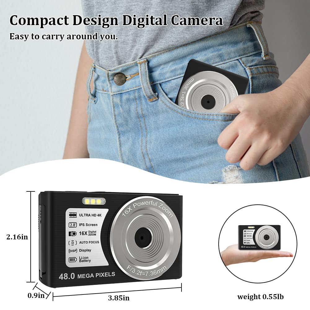 4K Digital Camera 32GB Micro SD Card and 2 Batteries, 48MP 16X and 2.8 Inch Screen Kids Digital Camera, Birthday, Graduation Season Gift for Kids, Beginners, Teens
