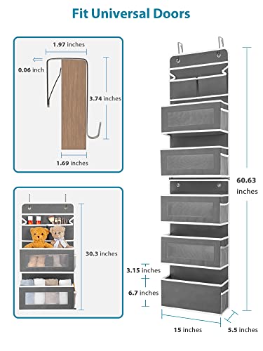 PARAKE 6-Shelf Over The Door Organizer, Flexible 1 Split into 2 Hanging Storage Door Organizer, Over The Door Storage with 5 Large Pockets, for Closet Pantry Bathroom Nursery Bedroom (Grey)