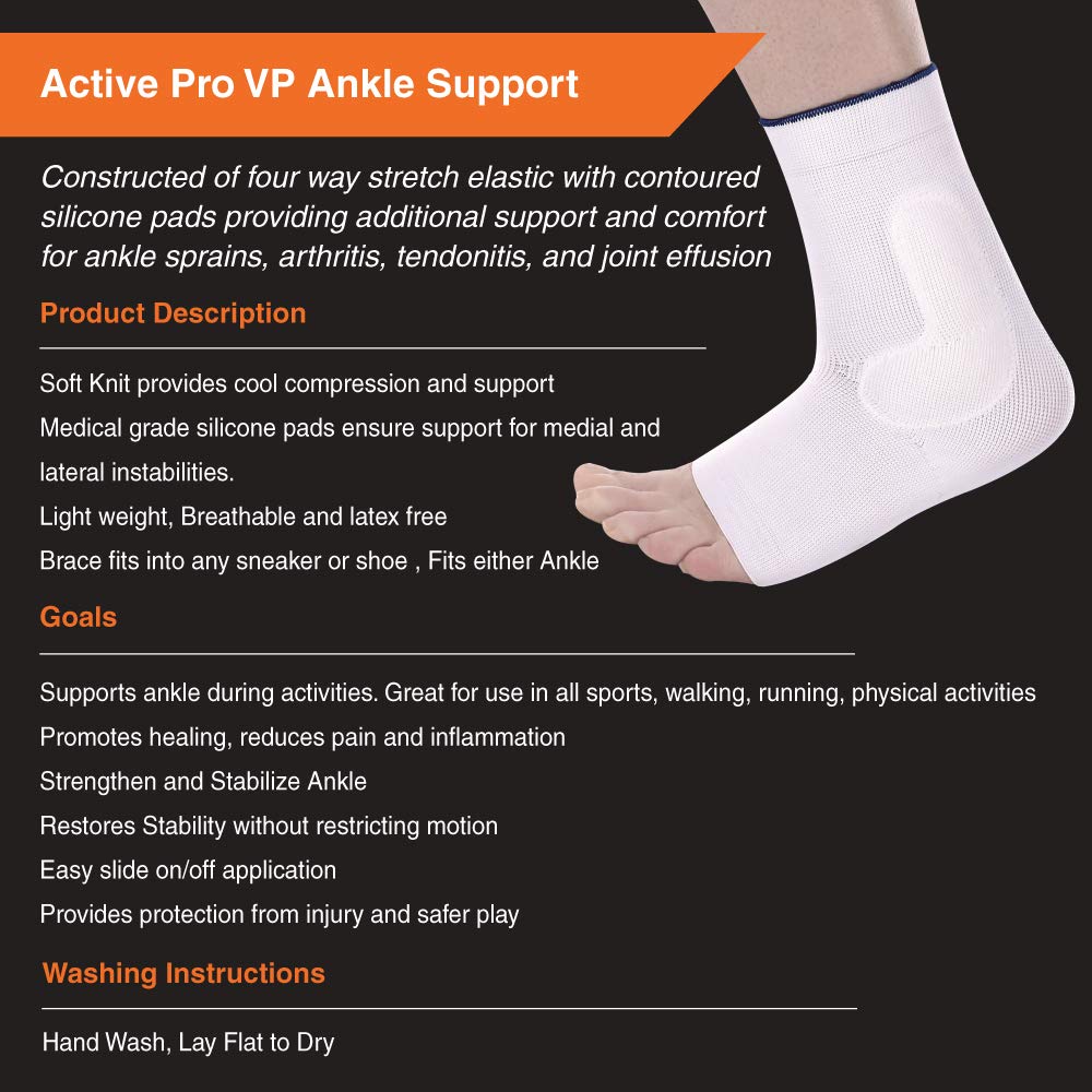 Active Pro VP Ankle Brace Sleeve with Contoured Silicone Pads, Additional Support for Ankle Sprains, Arthritis, Tendonitis, Swelling and Joint Effusion (White with Blue, L [9" - 9.75"])