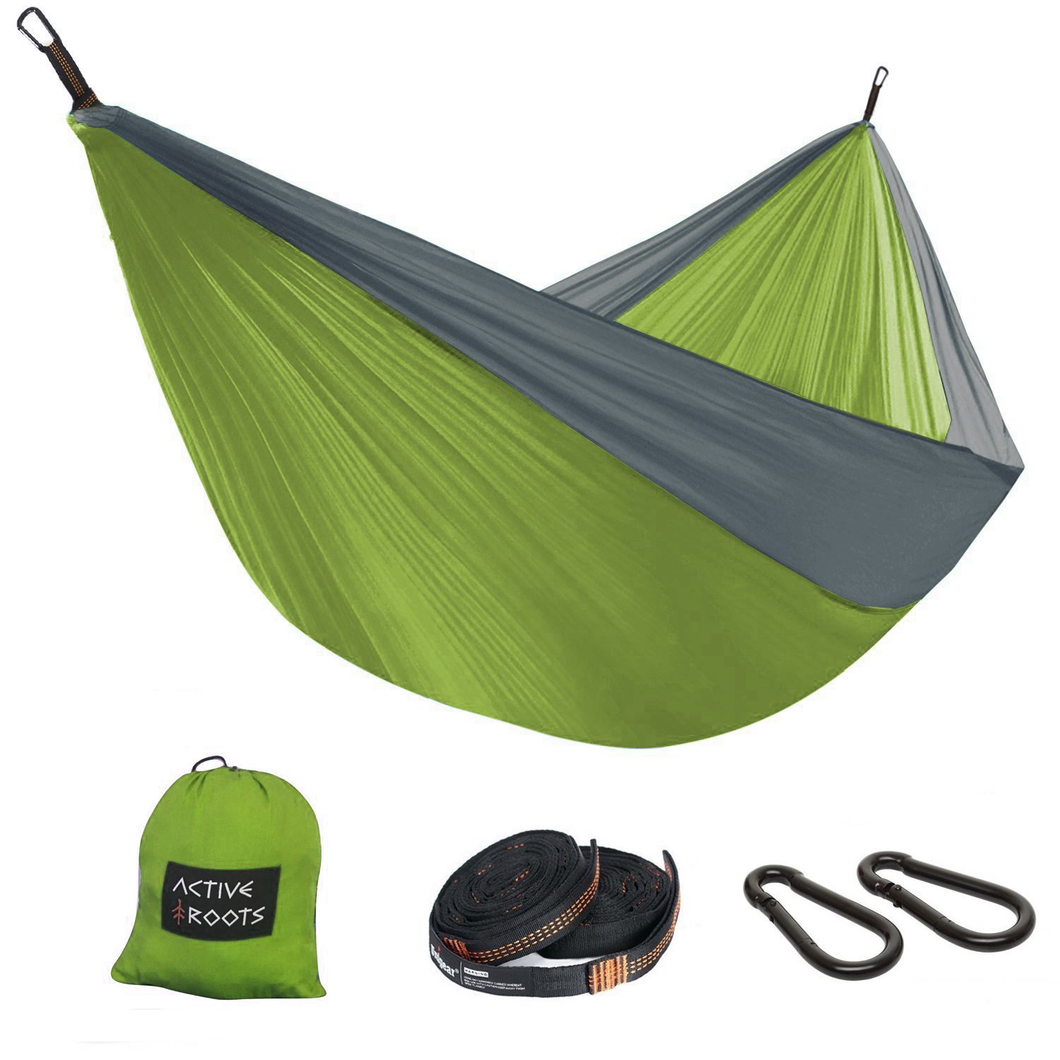 Active Roots Double Camping Hammock with Tree Straps - Portable Hammock, Parachute Nylon Lightweight Hammock for Backpacking, Travel, Indoor, Outdoor (Green/Grey)