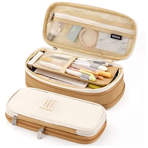 iSuperb Foldable Pencil Case Zipper Big Capacity Canvas Pencil Pouch Stationery Organizers Pen Bag Compartments Cosmetic Makeup Bags for Women (Khaki+Beige)