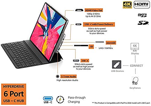 HyperDrive 6-in-1 USB C Hub HDMI 4K 60Hz - PD 60W, Audio Jack, SD/MicroSD, USB-A Compatible w/iPad Pro Air 2020 2019 2018, M1 iPad Pro 2021, Space Gray