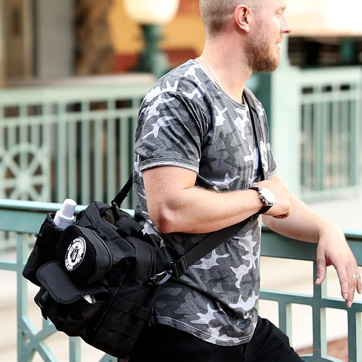ActiveDoodie Dad Diaper Bag Messenger Combo with Changing Pad, Removable Molle Bottle Holder, Black with 8 Morale Patches
