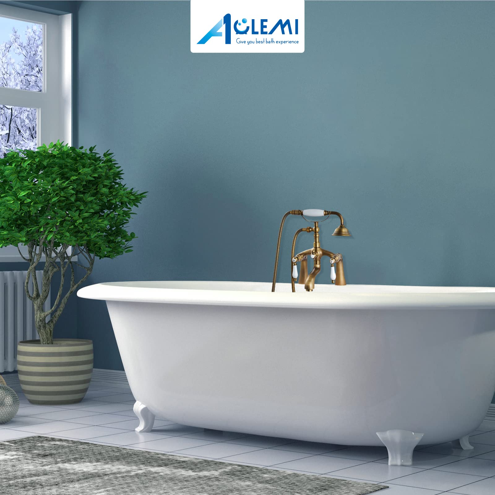 Aolemi Clawfoot Tub Faucet with Handheld Spray and Bathtub Spout Double Lever Handle Bathroom Mixer Tap Victoria Vintage Telephone Shape Shower Set Deck Mount Antique Brass
