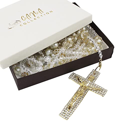 Cana Collection Wedding Lasso Rosary Lazo de Bodas Handcrafted Lasso, Great Wedding Gift Beautiful Christian Catholic Wedding Tradition for Brides and Grooms,Pearl Beads and Crystals Gold