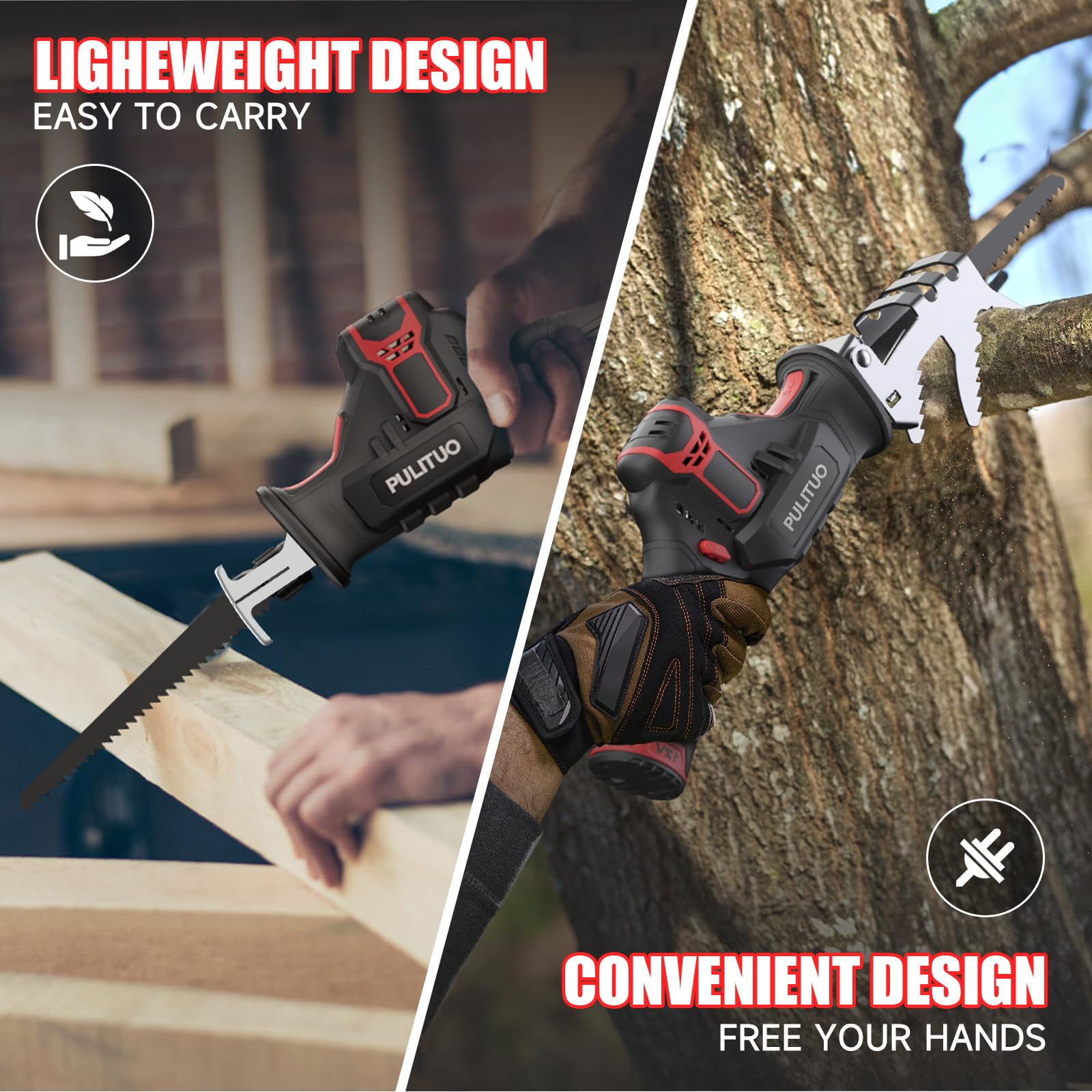 PULITUO Reciprocating Saw Cordless, Power Reciprocating Saws Compact Design,Including 2pcs 2000mAh Li-Ion battery, 1-Hour Fast Charger, Clamp Jaw, 4pcs of Saw Blades for Wood/Metal/PVC