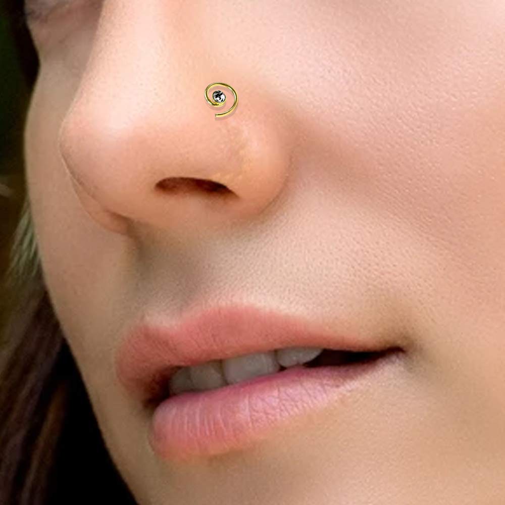 9 Karat Solid Yellow Gold Pink Crystal Stone Coil Flower 22 Gauge Ball End Nose Stud Piercing Jewelry