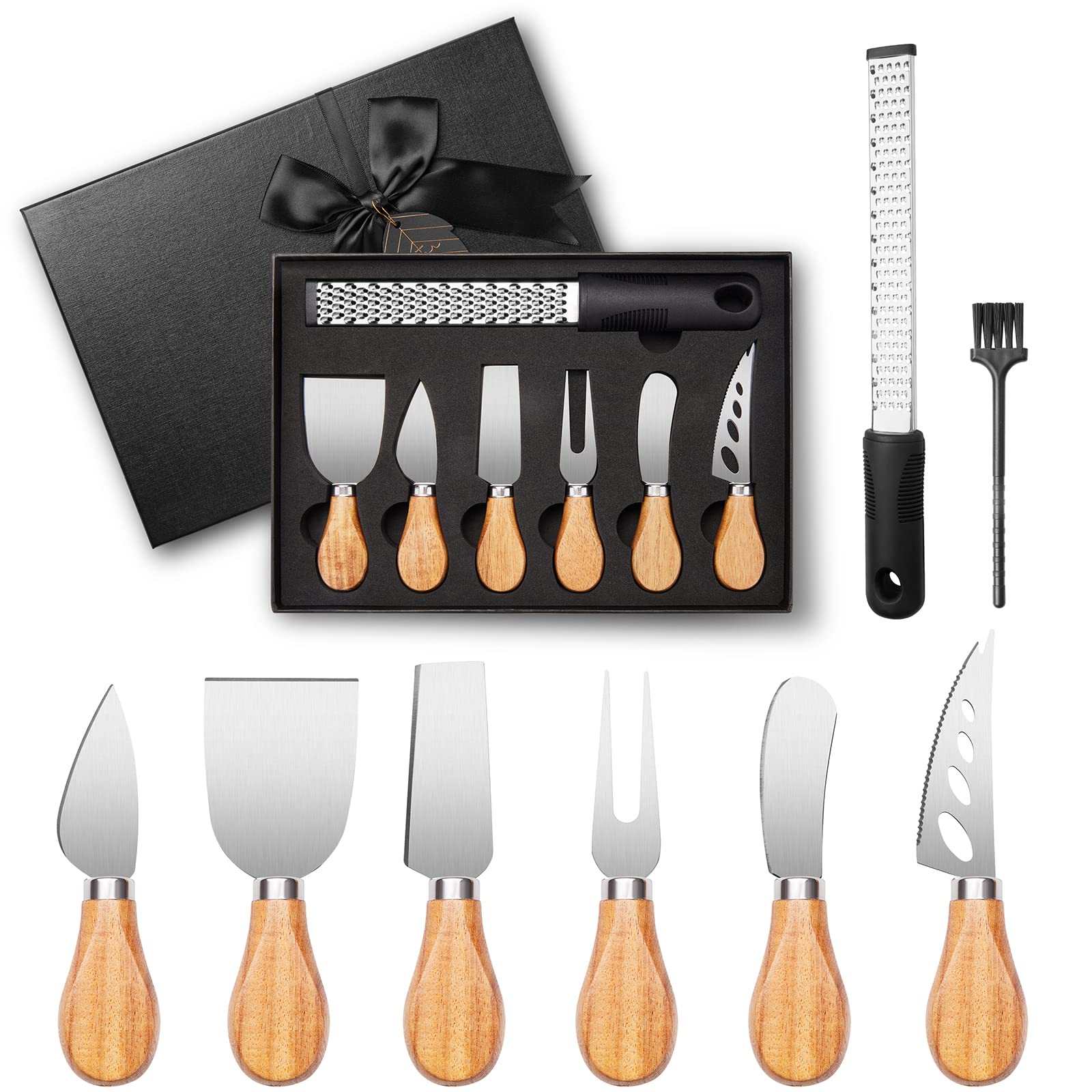 HyChill Cheese Knife Set 8-Piece Cheese Knife with Acacia Wood Handle Stainless Steel Cheese Slicer Cheese Cutter with Cheese Grater & Brush,Perfect Gift for Holiday, Birthday(C)