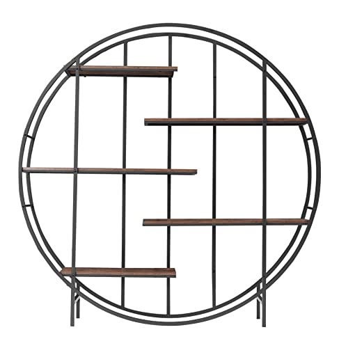 Bookcase Round 5 Tier Bookshelf Open Freestanding Storage Shelf Metal Plant Stand, Display Stand for Living Room Home Office Entryway Bedroom, Rustic Brown
