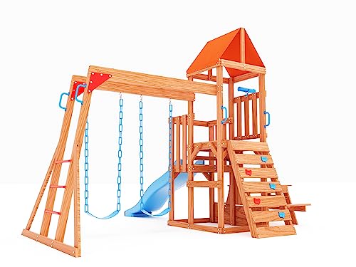Dolphin Playground Cedar Wooden Swing Sets for Backyard, Outdoor Playset for Kids with Monkey Bar, 2 in 1 Outdoor Table, Wave Slide, Climbing Wall, and 2 Belt Swings, Playground Sets for Backyards