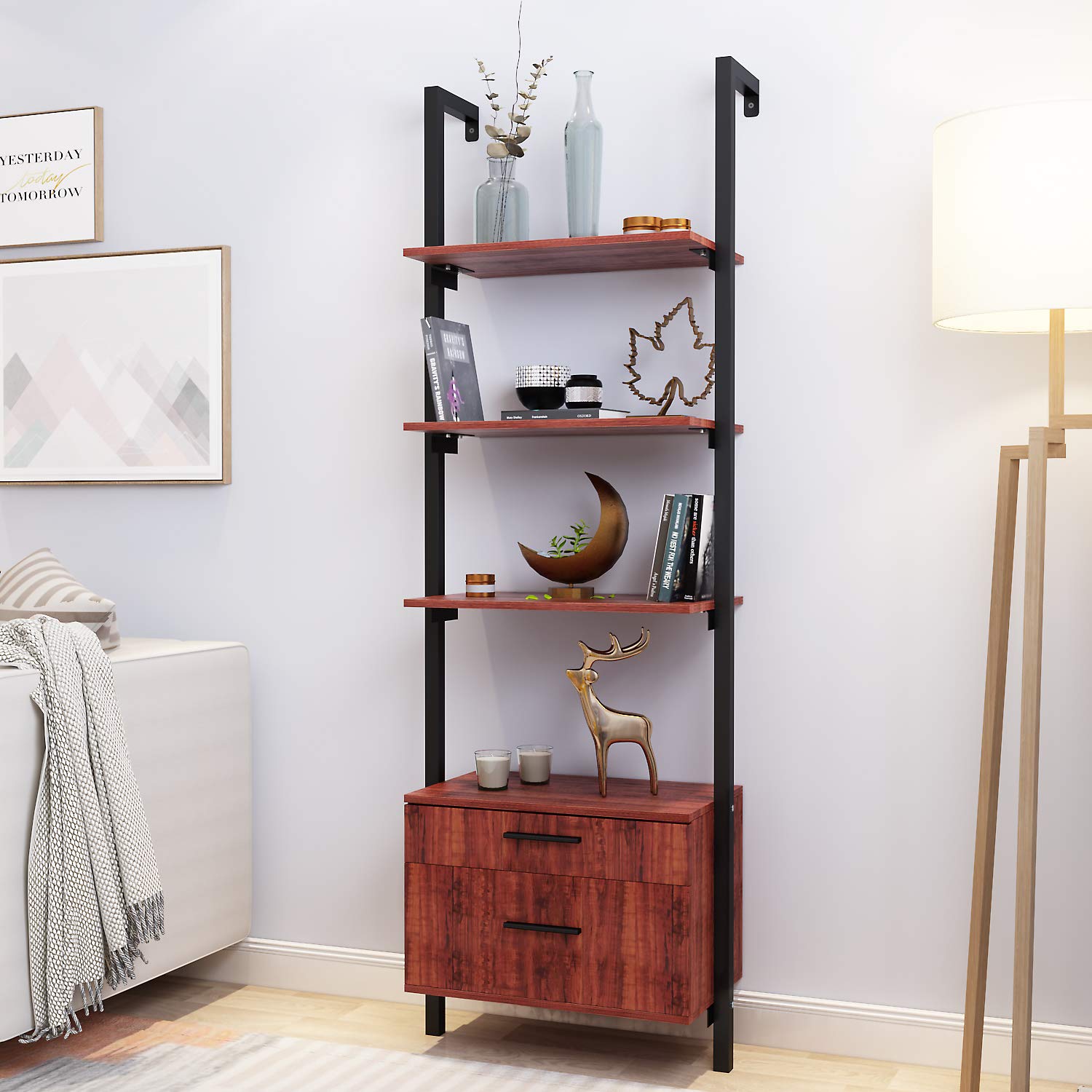 AECOJOY Wall Mounted Industrial 3-Tier Bookshelf with 2 Wood Drawers and Matte Steel Frame Ladder Shelf Bookcase, Ideal for Bathroom Home Office, Black