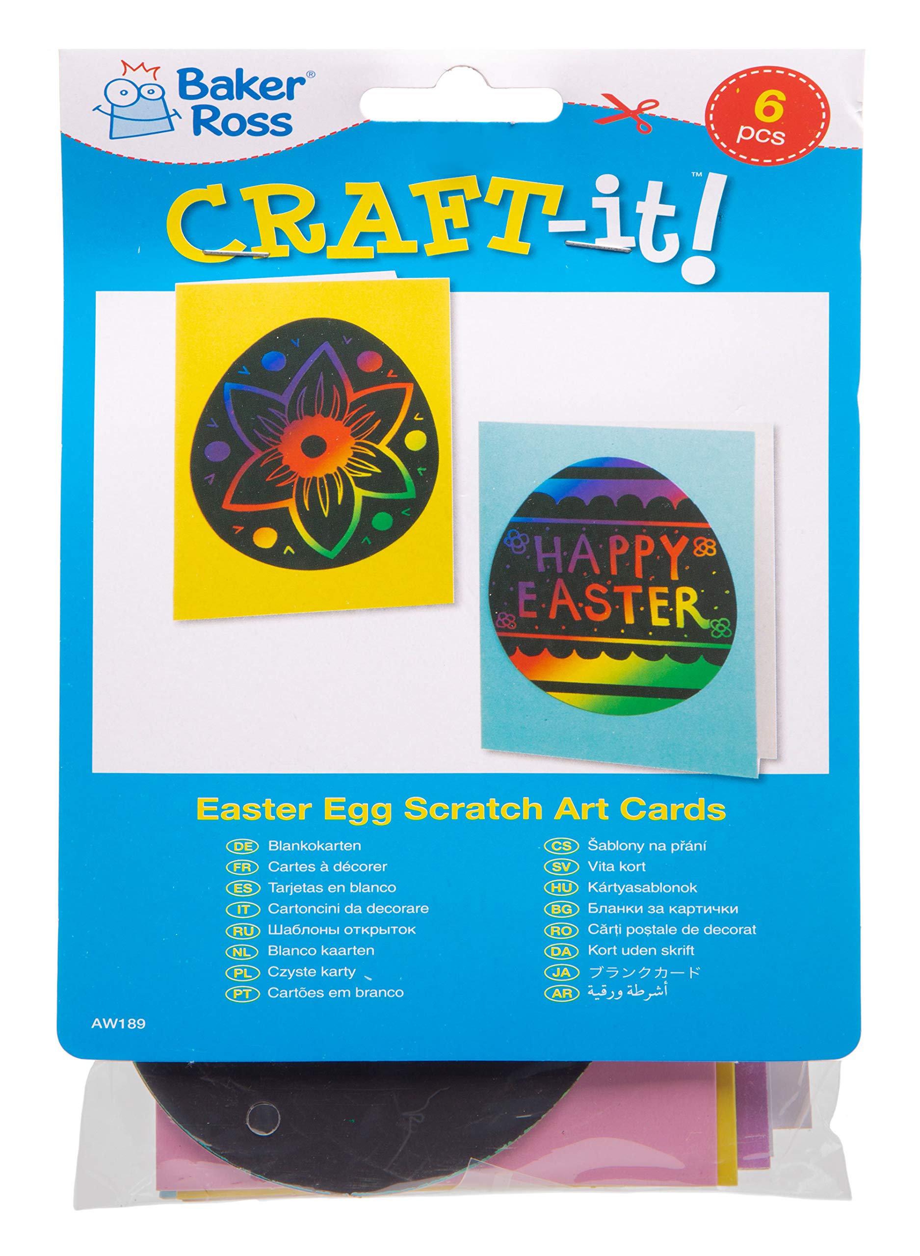 Baker Ross AW189 Easter Egg Scratch Art Cards - Pack of 6, Easter Crafts for Kids to Decorate and Gift