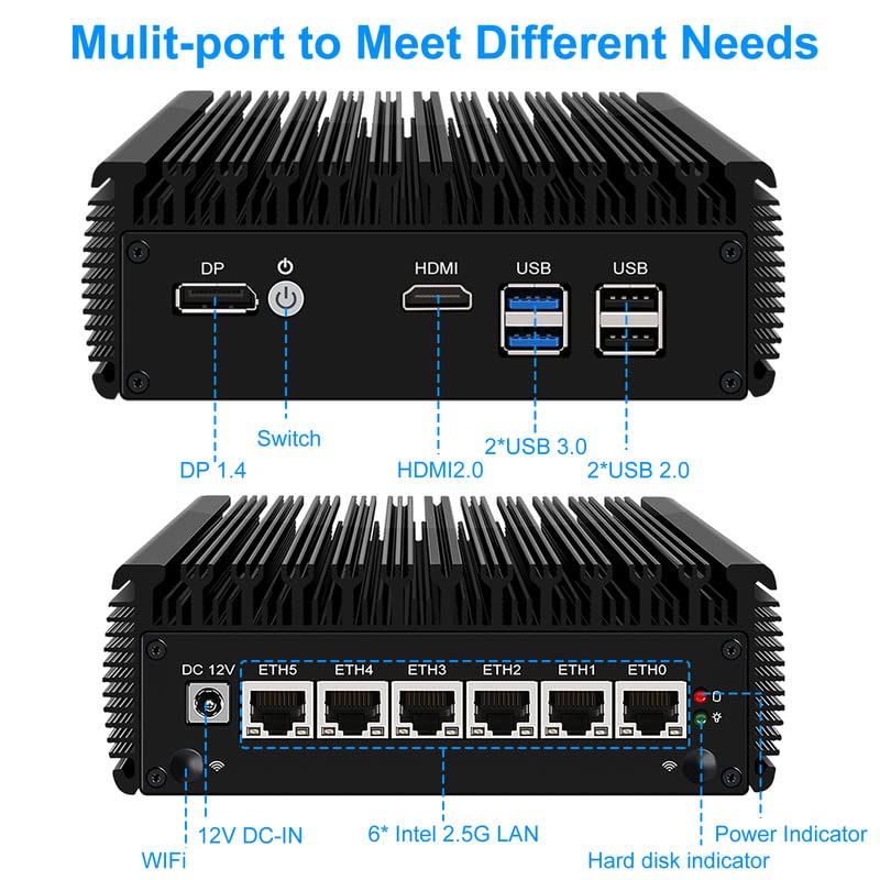 6 Port Firewall Micro Appliance, Firewall Mini PC Inter Celeron N5105 Router PC, OPNsense, AES-NI, VPN, 16GB RAM 512GB SSD