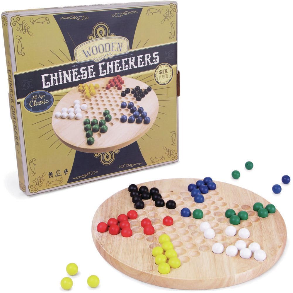 Brybelly Chinese Checkers Game Set with 11.5 in Natural Wood Checkers Board | 60 Wood Marbles in 6 Bright Colors for Adults, Boys and Girls Game Playing