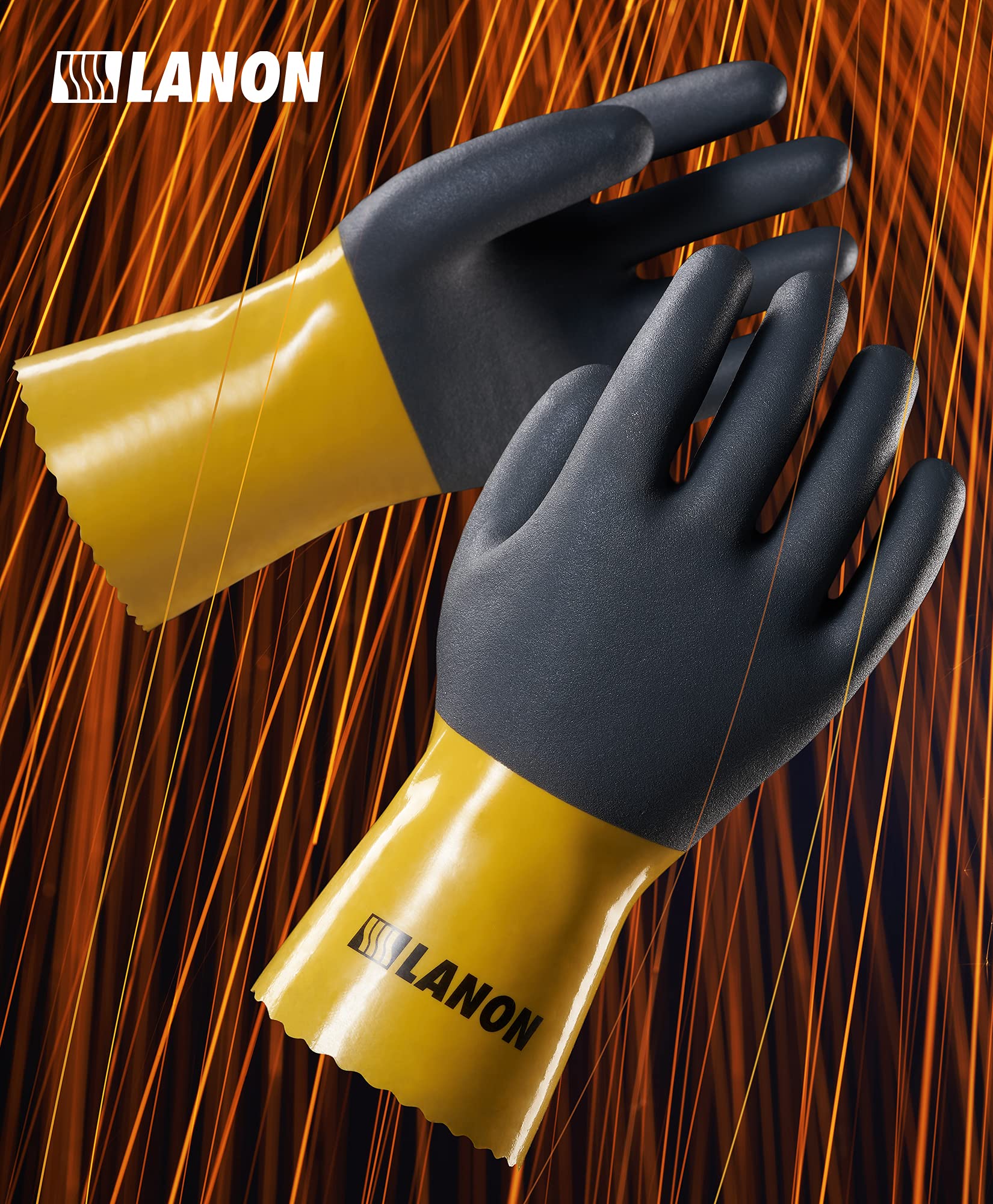 LANON PVC Chemical Gloves, Thick Rubber Work Gloves, Heavy-Duty, EN 374/388, Acid, Alkali and Oil, Non-Slip, XL