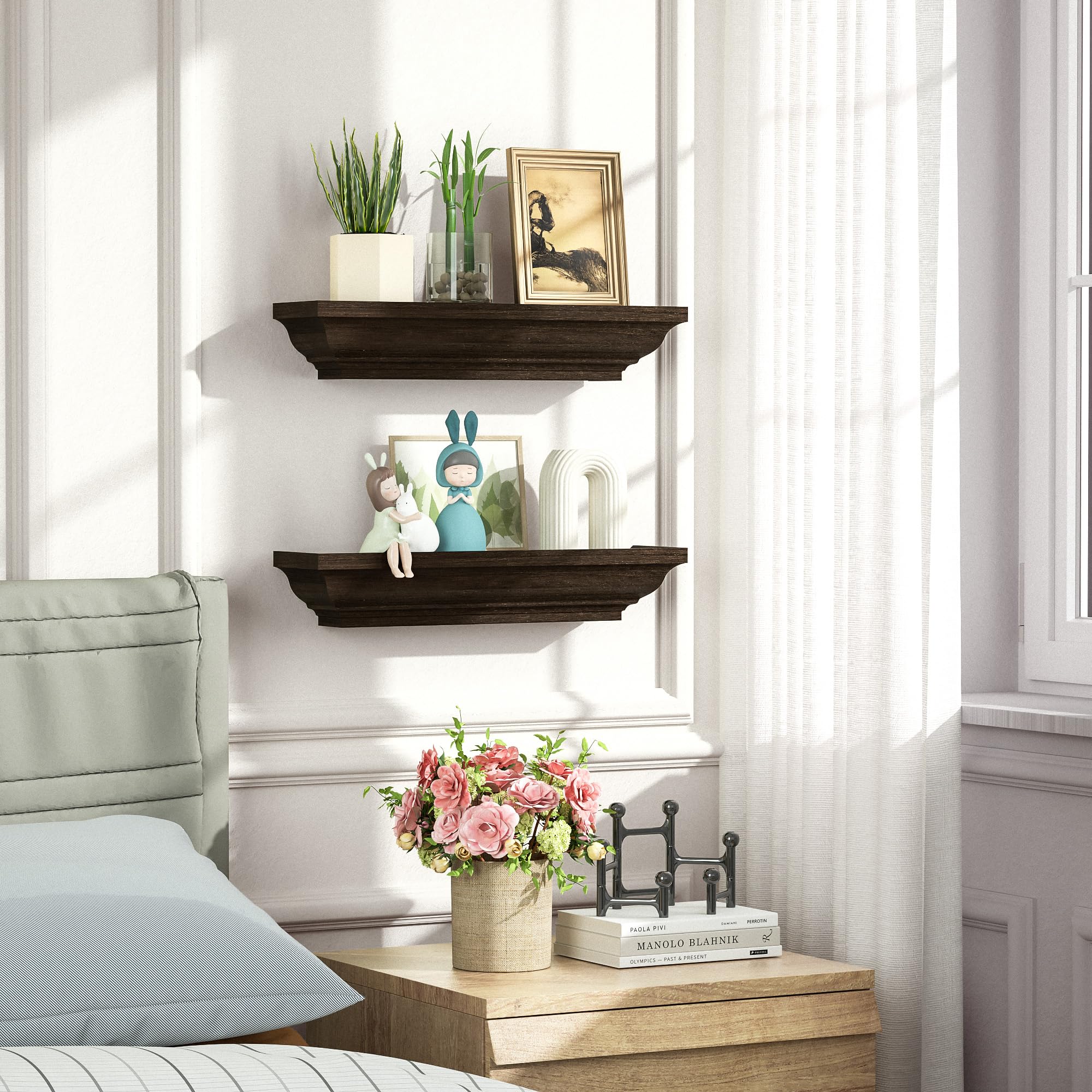 Alsonerbay Floating Shelves, Wood Shelves Rustic Shelves for Wall Storage, Wall Mounted Shelves for Bedroom Living Room Bathroom, 17 Inch 2 Pack (Dark Brown)